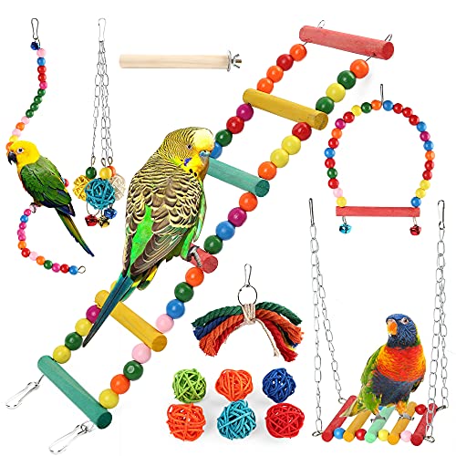 PrimePets Bird Parakeet Toys, Bird Cage Swing Toys, 13 Pack, Colorful Hanging Bell Hammock Climbing Ladder Toys for Cockatiel, Conure, Finches, Mynah, Love Birds