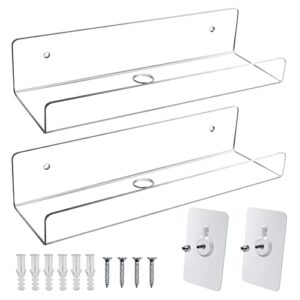 mocoosy 2 pack clear acrylic floating shelf 10'', invisible wall mounted shelf with cord hole, small display ledge shelves for smart speaker/action figures, great for kids room bathroom office display