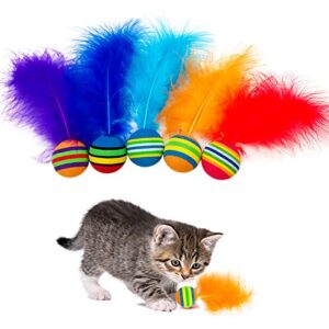 pet show pack of 5pcs 1.4” cat toys balls soft eva foam with feathers colorful rainbow toy balls interactive kitten cats small dogs puppies doggies quiet indoor outdoor play activity chase training