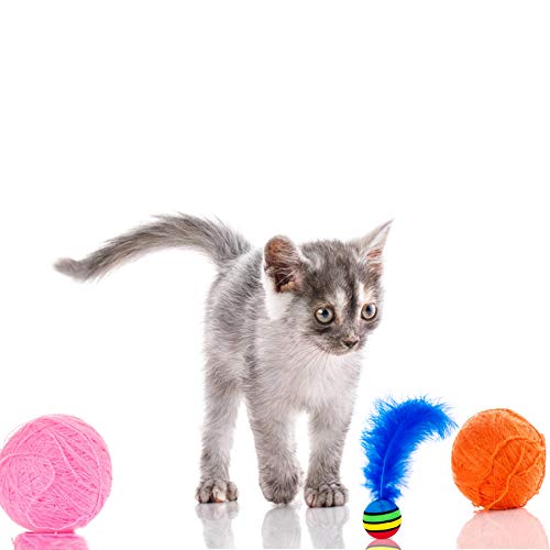 PET SHOW Pack of 5pcs 1.4” Cat Toys Balls Soft EVA Foam with Feathers Colorful Rainbow Toy Balls Interactive Kitten Cats Small Dogs Puppies Doggies Quiet Indoor Outdoor Play Activity Chase Training