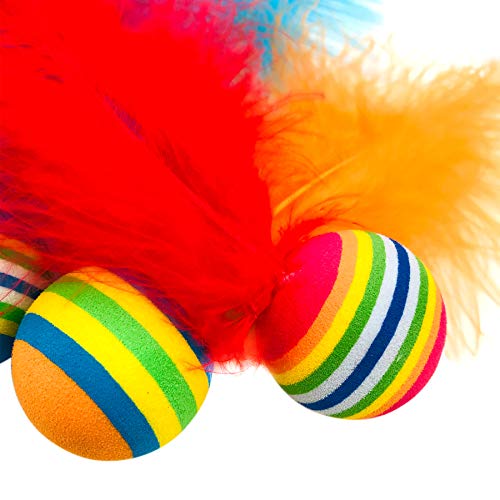 PET SHOW Pack of 5pcs 1.4” Cat Toys Balls Soft EVA Foam with Feathers Colorful Rainbow Toy Balls Interactive Kitten Cats Small Dogs Puppies Doggies Quiet Indoor Outdoor Play Activity Chase Training