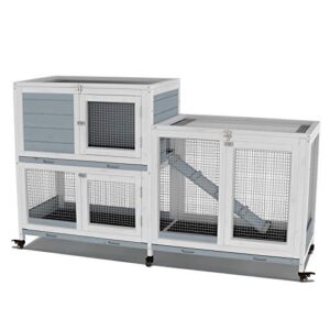 gdlf two floors 58" wooden indoor bunny hutch rabbit cage on wheels guinea pig pet house for small to medium animals waterproof no leak tray