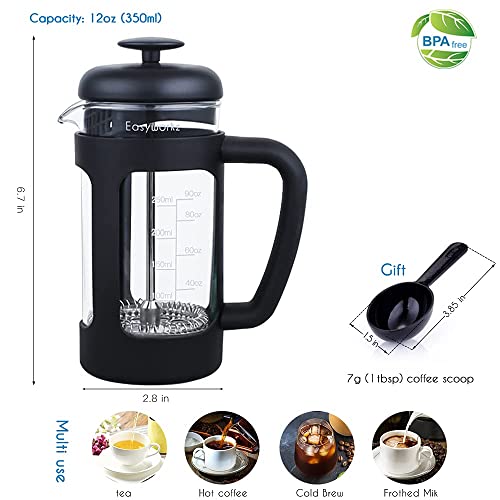 Easyworkz French Press 12 oz Coffee Tea Maker with Borosilicate Glass,Soft Grip Handle