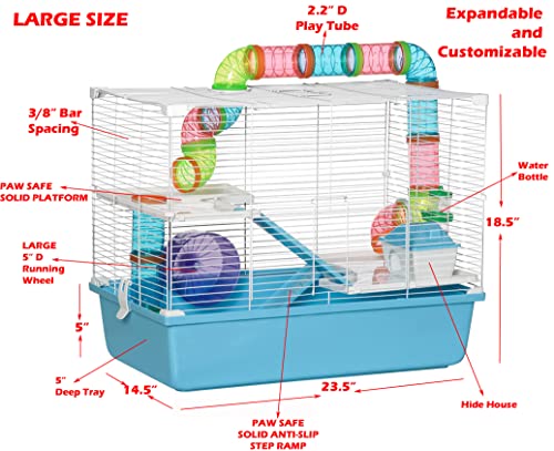 Large Deluxe 3-Tiers Hamster Gerbil Mouse Mice Habitat House Critters Cage with Complete Set of Accessories Expandable and Customizable