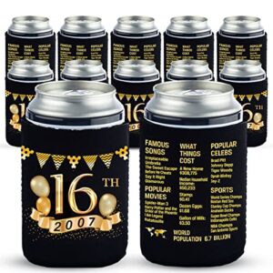 yangmics 16th birthday can cooler sleeves pack of 12- 2007 sign - 16th birthday party supplies - 16th anniversary decorations - black and gold sixteenth birthday cup coolers