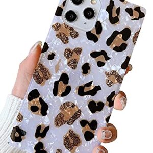 KERZZIL Luxury Sparkle Leopard Pattern iPhone 11 Pro Max Square Case, Slim Golden Glitter Translucent Soft TPU Silicone Protective Bumper Cases Cover Compatible with iPhone 11 Promax 6.5-inch(White)