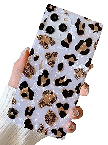 KERZZIL Luxury Sparkle Leopard Pattern iPhone 11 Pro Max Square Case, Slim Golden Glitter Translucent Soft TPU Silicone Protective Bumper Cases Cover Compatible with iPhone 11 Promax 6.5-inch(White)