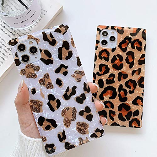 KERZZIL Luxury Sparkle Leopard Pattern iPhone 11 Pro Max Square Case, Slim Golden Glitter Translucent Soft TPU Silicone Protective Bumper Cases Cover Compatible with iPhone 11 Promax 6.5-inch(White)