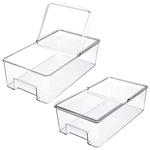 SANNO Vegetable Refrigerator Organizer Food Bins with lids Large Stackable Fridge Clear Organizers Kitchen Cabinet Organizer for Freezer, Kitchen, Countertops, Cabinets Pantry Storage Rack，set of 2