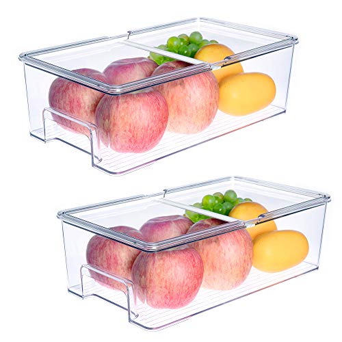 SANNO Vegetable Refrigerator Organizer Food Bins with lids Large Stackable Fridge Clear Organizers Kitchen Cabinet Organizer for Freezer, Kitchen, Countertops, Cabinets Pantry Storage Rack，set of 2