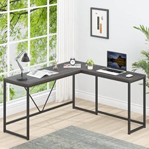 hsh l shaped computer desk, wood and metal reversible corner desk for small space, industrial rustic crafting writing workstation table for home office study, grey oak, 59 x 55 inch