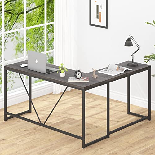 HSH L Shaped Computer Desk, Wood and Metal Reversible Corner Desk for Small Space, Industrial Rustic Crafting Writing Workstation Table for Home Office Study, Grey Oak, 59 x 55 inch