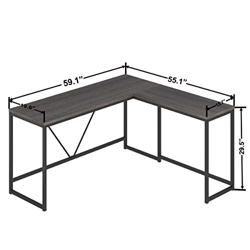 HSH L Shaped Computer Desk, Wood and Metal Reversible Corner Desk for Small Space, Industrial Rustic Crafting Writing Workstation Table for Home Office Study, Grey Oak, 59 x 55 inch