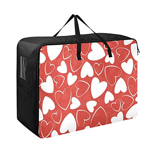 OTVEE Storage Bag Organizer King Size with Reinforced Handle Valentine's Day White And Red Hearts On Background Printed Firm Fabric Strong Zipper Foldable Space Saver for Clothes, Quilts, Blankets,Dol