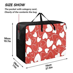 OTVEE Storage Bag Organizer King Size with Reinforced Handle Valentine's Day White And Red Hearts On Background Printed Firm Fabric Strong Zipper Foldable Space Saver for Clothes, Quilts, Blankets,Dol