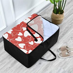 OTVEE Storage Bag Organizer King Size with Reinforced Handle Valentine's Day White And Red Hearts On Background Printed Firm Fabric Strong Zipper Foldable Space Saver for Clothes, Quilts, Blankets,Dol