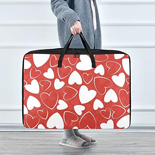 OTVEE Storage Bag Organizer King Size with Reinforced Handle Valentine's Day White And Red Hearts On Background Printed Firm Fabric Strong Zipper Foldable Space Saver for Clothes, Quilts, Blankets,Dol