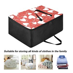 OTVEE Storage Bag Organizer King Size with Reinforced Handle Valentine's Day White And Red Hearts On Background Printed Firm Fabric Strong Zipper Foldable Space Saver for Clothes, Quilts, Blankets,Dol