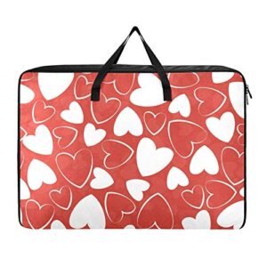 OTVEE Storage Bag Organizer King Size with Reinforced Handle Valentine's Day White And Red Hearts On Background Printed Firm Fabric Strong Zipper Foldable Space Saver for Clothes, Quilts, Blankets,Dol