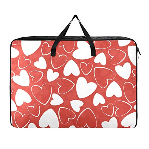 OTVEE Storage Bag Organizer King Size with Reinforced Handle Valentine's Day White And Red Hearts On Background Printed Firm Fabric Strong Zipper Foldable Space Saver for Clothes, Quilts, Blankets,Dol