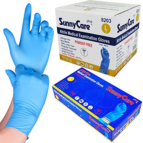 SunnyCare 1000 8203 Blue Nitrile Medical Exam Gloves Powder Free Chemo-Rated (Non Vinyl Latex) 100/box;10boxes/case Size: Large