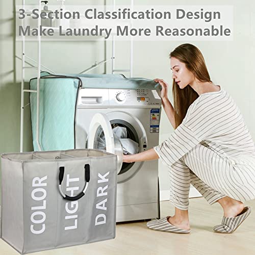 Slim Laundry Hamper 3 Section Sorter with Handles Large Capacity Foldable 19" Tall Waterproof Laundry Basket for Dirty Clothes Storage (light grey)