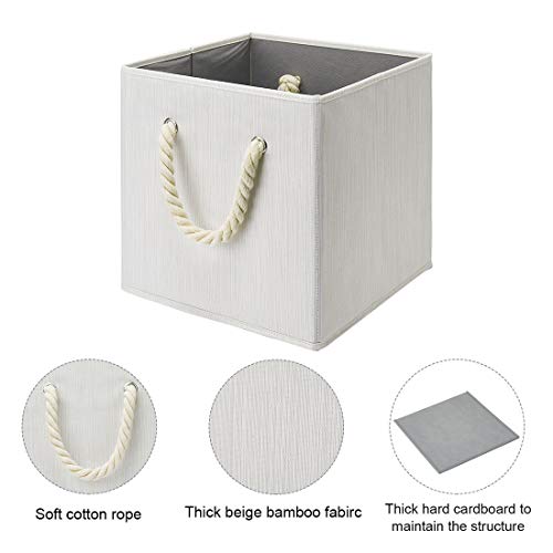 i BKGOO Foldable Storage Cube Bins Beige-White Bamboo Fabric Collapsible Resistant Basket Box Organizer with Cotton Rope Handle for Home Office and Nursery 10.5x10.5x11 inch