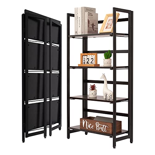 Coral Flower Accent Utility 4-Tier Folding Bookshelf Standing Shelf Units Display Rack Storage Shelf Industrial Style Utility Shelving with Metal Frame & Wood Layer