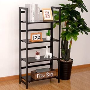 Coral Flower Accent Utility 4-Tier Folding Bookshelf Standing Shelf Units Display Rack Storage Shelf Industrial Style Utility Shelving with Metal Frame & Wood Layer