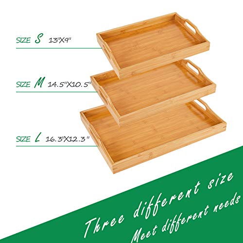 3 Pack Bamboo Serving Tray with Handles, Food Trays for Coffee Breakfast Dinner Tea, Rectangular Wooden Decor Tray Used in Kitchen, Dining Room, Party, Restaurants (Natural)