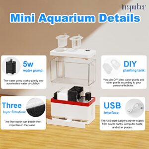 Insputer Mini Fish Tank with Filter and LED Light 1 Gallon Betta Aquarium Tropical Freshwater Phone & Pad Holder Hydroponic Plants Basket for Office Home Desk Use