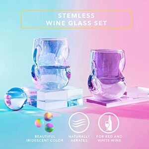 Dragon Glassware Stemless Wine Glasses, Iridescent Glass with Finger Indentations, Naturally Aerates Wine, Unique and Elegant Drinkware, 16 oz Capacity, Set of 2