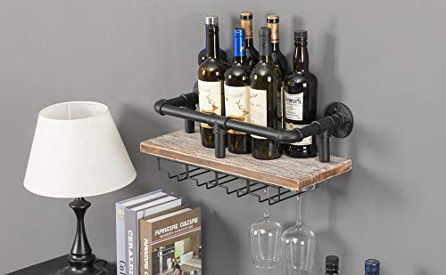 Industrial Wall Mounted Wine Rack, Wine Bottle Stemware Glass Rack, Floating Shelf Pipe Hanging Shelving with Glass Holders for Wine Glasses, Flutes, Mugs, Kitchen, Bar, (Retro Brown And Black)