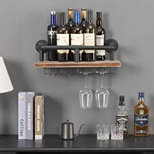 Industrial Wall Mounted Wine Rack, Wine Bottle Stemware Glass Rack, Floating Shelf Pipe Hanging Shelving with Glass Holders for Wine Glasses, Flutes, Mugs, Kitchen, Bar, (Retro Brown And Black)