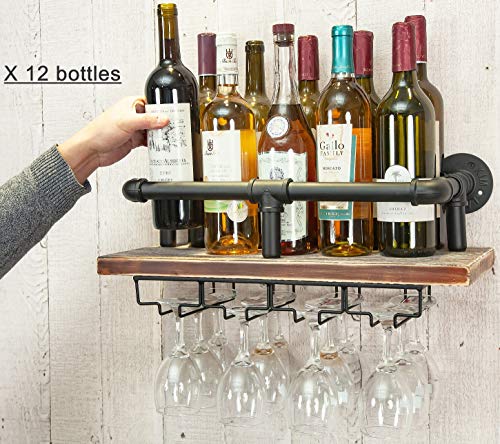 Industrial Wall Mounted Wine Rack, Wine Bottle Stemware Glass Rack, Floating Shelf Pipe Hanging Shelving with Glass Holders for Wine Glasses, Flutes, Mugs, Kitchen, Bar, (Retro Brown And Black)