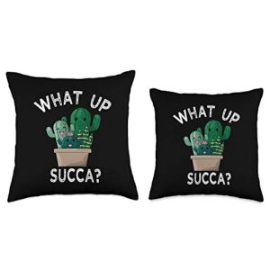 Funny Cactus Succulents designs What up Succa Cute Kawaii Cactus Succulents Gardening Throw Pillow, 16x16, Multicolor