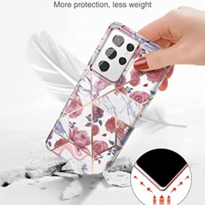 SURITCH Phone Case for Samsung Galaxy S21 Ultra 6.8 inches Slim Fit, Front Cover with Built-in Screen Protector Smooth Back Cover Full Body Protection Shockproof Bumper, Rose Marble