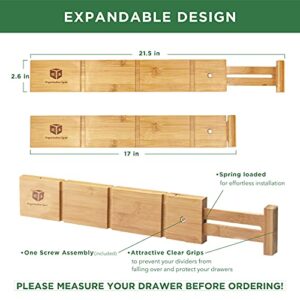 *UPGRADED* Kitchen Drawer Dividers w/Inserts and Liner - Adjustable Bamboo Organizers for Drawers - Spring Loaded, Large for Utensils and Deep for Clothes - Tall Wood Draw Divider Separator (Long)