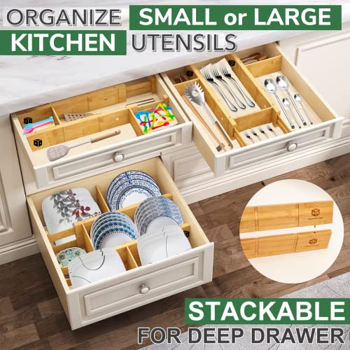 *UPGRADED* Kitchen Drawer Dividers w/Inserts and Liner - Adjustable Bamboo Organizers for Drawers - Spring Loaded, Large for Utensils and Deep for Clothes - Tall Wood Draw Divider Separator (Long)