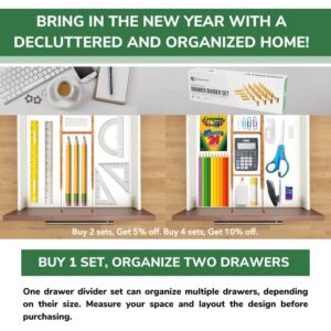 *UPGRADED* Kitchen Drawer Dividers w/Inserts and Liner - Adjustable Bamboo Organizers for Drawers - Spring Loaded, Large for Utensils and Deep for Clothes - Tall Wood Draw Divider Separator (Long)