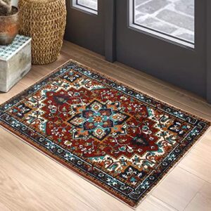 yokii persian oriental throw rugs traditional medallion floral boho 2x3 small area rug non-slip faux wool soft shag tribal rug for kitchen bedroom bathroom entryway floor mat washable (2x3, red)