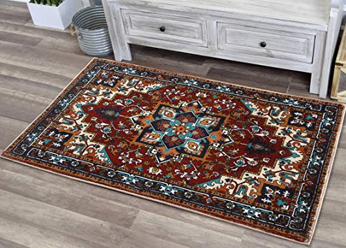 YoKii Persian Oriental Throw Rugs Traditional Medallion Floral Boho 2x3 Small Area Rug Non-Slip Faux Wool Soft Shag Tribal Rug for Kitchen Bedroom Bathroom Entryway Floor Mat Washable (2x3, Red)