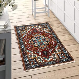 YoKii Persian Oriental Throw Rugs Traditional Medallion Floral Boho 2x3 Small Area Rug Non-Slip Faux Wool Soft Shag Tribal Rug for Kitchen Bedroom Bathroom Entryway Floor Mat Washable (2x3, Red)