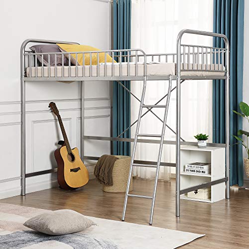 Twin Loft Bed with Full-Length Guardrail and Ladder (Silver)