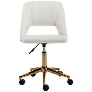 Guyou Desk Chair Armless Office Chair Gold and White, Upholstered Velvet Home Office Chair Cute Vanity Stool for Small Space Teens Study Makeup with Hollow Back, White