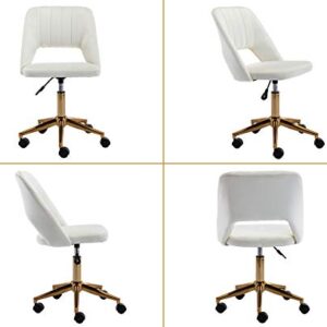 Guyou Desk Chair Armless Office Chair Gold and White, Upholstered Velvet Home Office Chair Cute Vanity Stool for Small Space Teens Study Makeup with Hollow Back, White