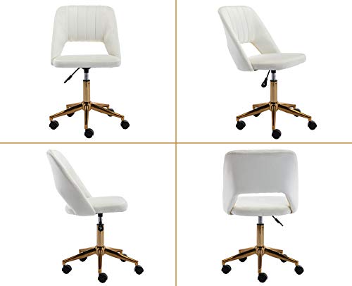 Guyou Desk Chair Armless Office Chair Gold and White, Upholstered Velvet Home Office Chair Cute Vanity Stool for Small Space Teens Study Makeup with Hollow Back, White