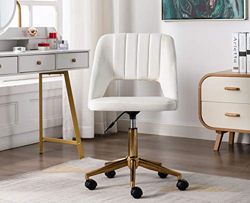 Guyou Desk Chair Armless Office Chair Gold and White, Upholstered Velvet Home Office Chair Cute Vanity Stool for Small Space Teens Study Makeup with Hollow Back, White