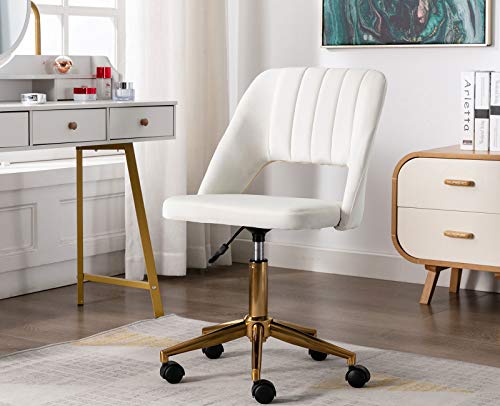 Guyou Desk Chair Armless Office Chair Gold and White, Upholstered Velvet Home Office Chair Cute Vanity Stool for Small Space Teens Study Makeup with Hollow Back, White