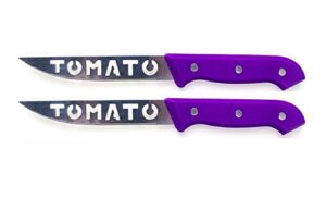 brandobay stainless steel tomato slicer knives set – 10-inch long including handle – 2-pack set of tomato cutters – colors (blue, red, green)